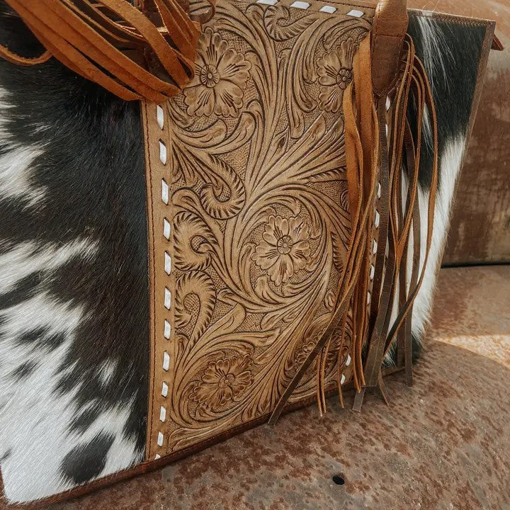 Jesse Cowhide and Tooled Leather Fringe Tote Computer Bag